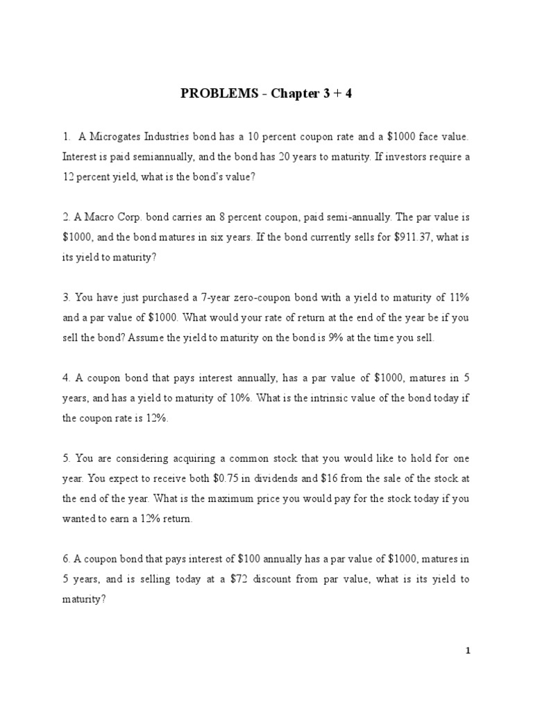 Problems - Chapter 3 + 4 Bond Valuation and Stock Valuation | PDF ...