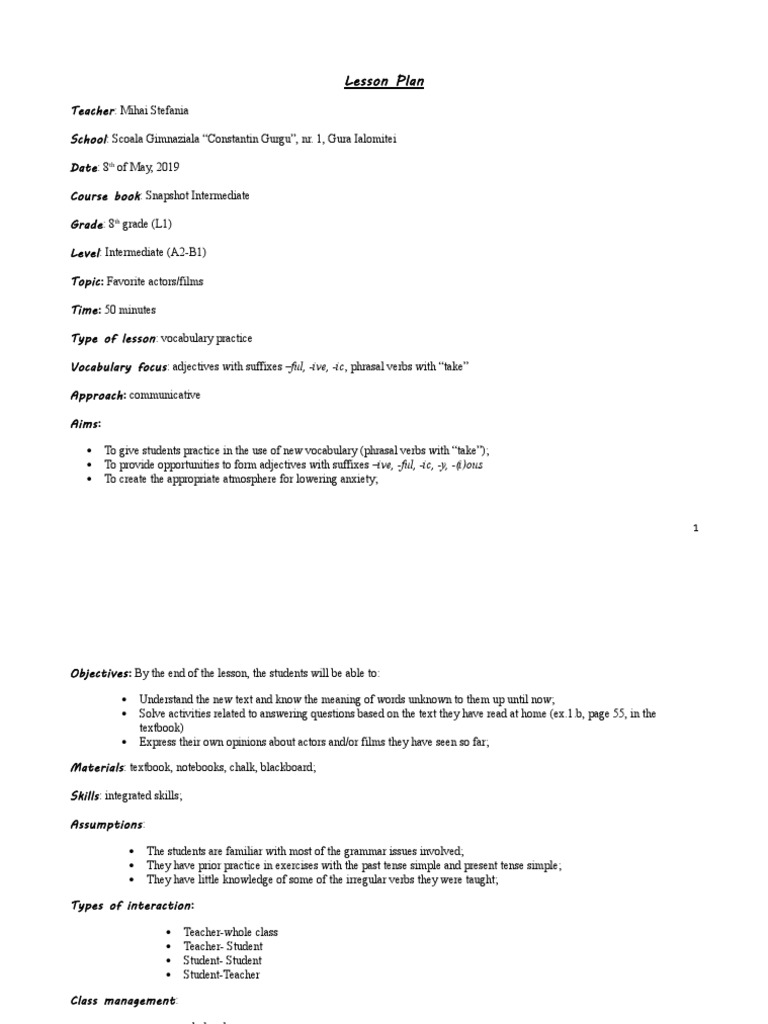 Lesson - Plan 8th Grade Ajectives and Phrasal Verbs Take | PDF ...