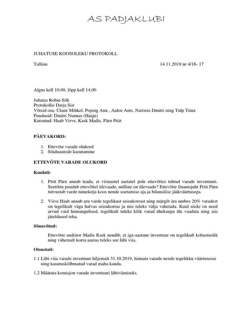 10 Juhatuse Koosoleku Protokoll | PDF