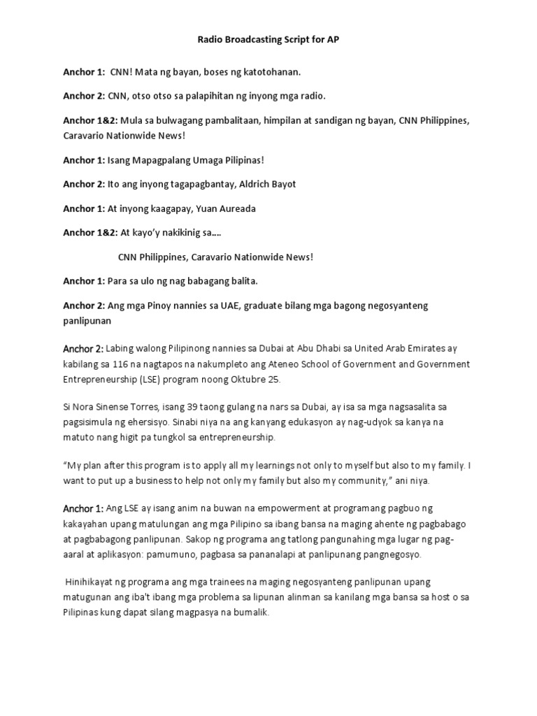 Filipino Radio Broadcasting Script | PDF