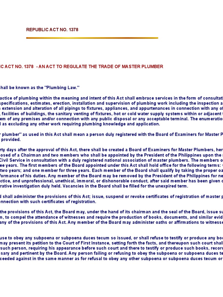 Republic Act No.1378 | PDF | Subpoena Duces Tecum | Plumbing