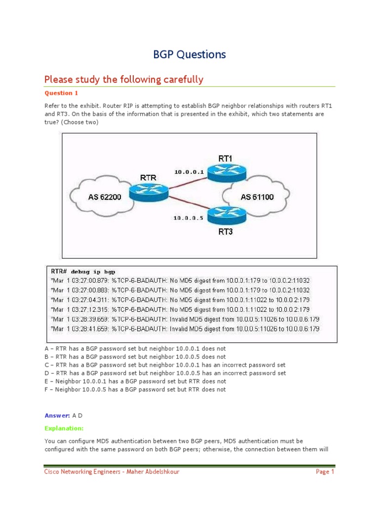 CCNP BGP Questions | PDF | Router (Computing) | Routing