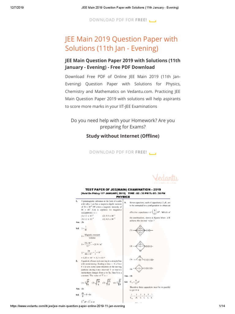 JEE Main 2019 Question Paper With Solutions (11th January - Evening ...