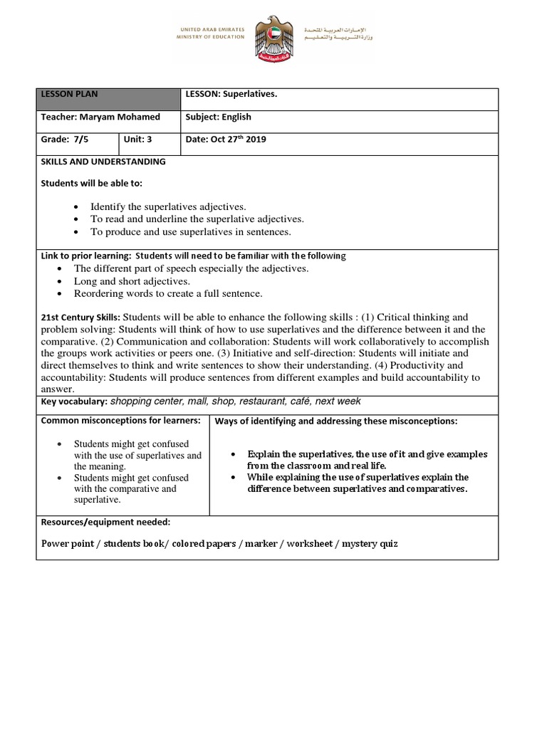 Superlative Adjectives Lesson Plan | PDF | Lesson Plan | Adjective