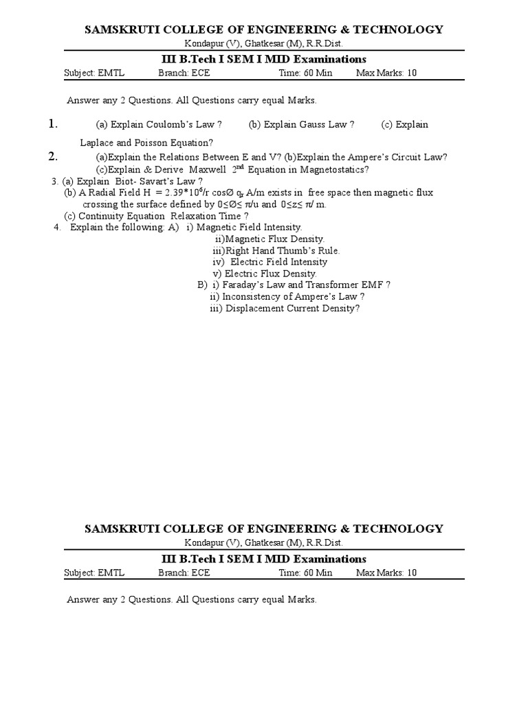 EMTL Question Paper Mid One | PDF | Magnetic Field | Mathematical Physics