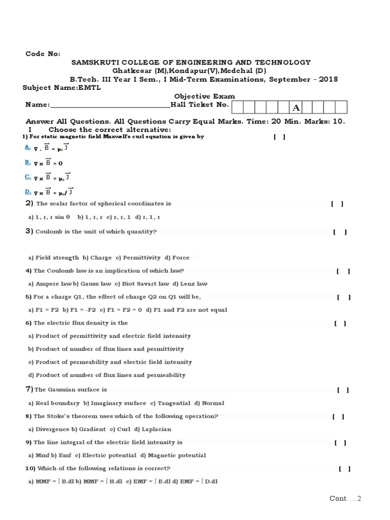 EMTL BIT PAPER III Year I Sem | PDF | Electric Field | Magnetic Field