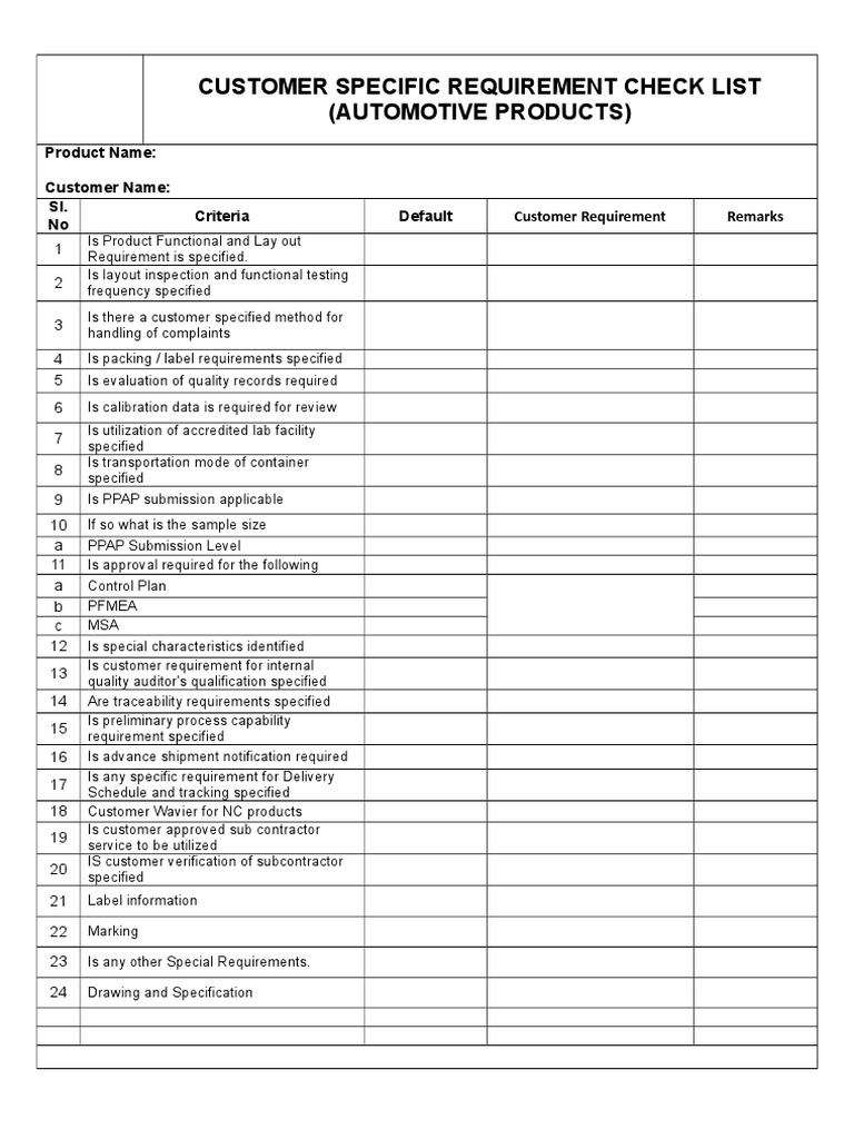 Automotive customer requirement checklist | PDF