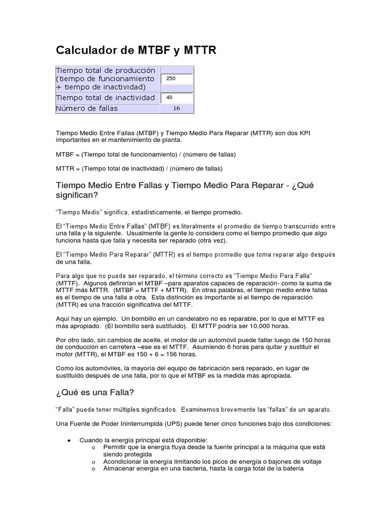 Cálculo de MTBF y MTTR en Excel | PDF