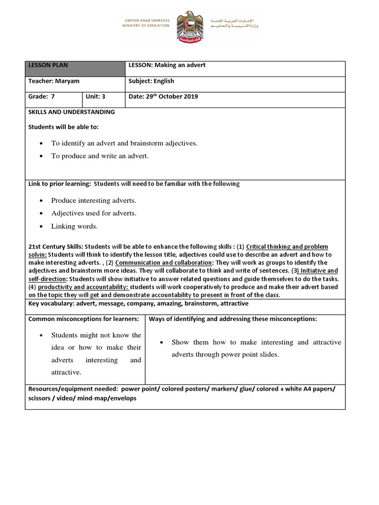 Lesson Plan-Making An Advert | PDF | Lesson Plan | Education Theory