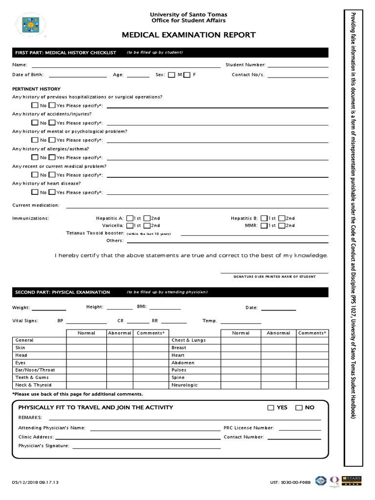 UST NSTP Medical Examination Report Form | PDF | Health Sciences ...