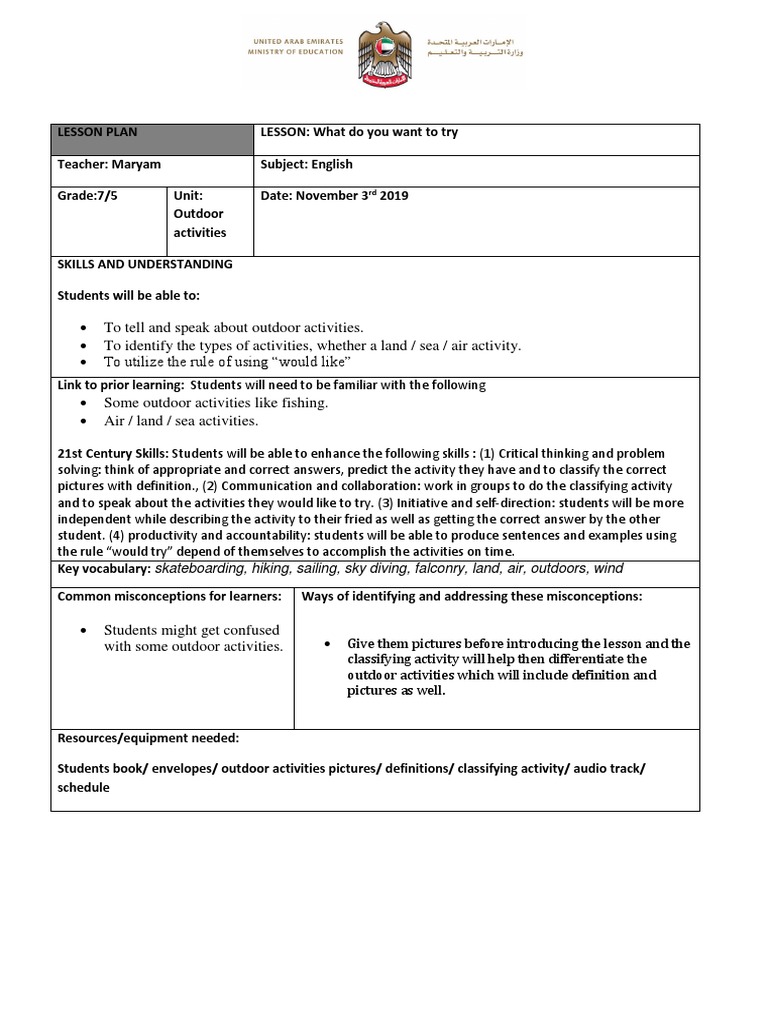 Lesson Plan - What Do You Want To Try | PDF | Lesson Plan | Vocabulary