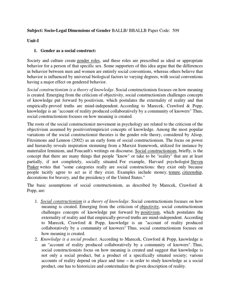 Notes-Socio-legal Dimensions of Gender | PDF | Gender | Gender Studies