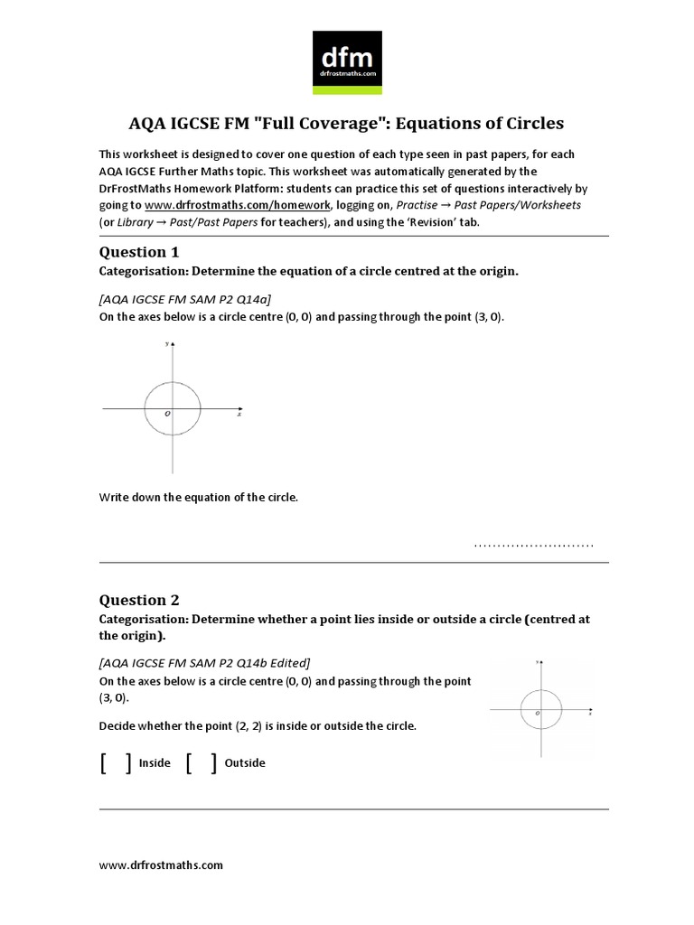 AQA IGCSE FM Circle Equations Worksheet | PDF | Circle | Geometric Shapes