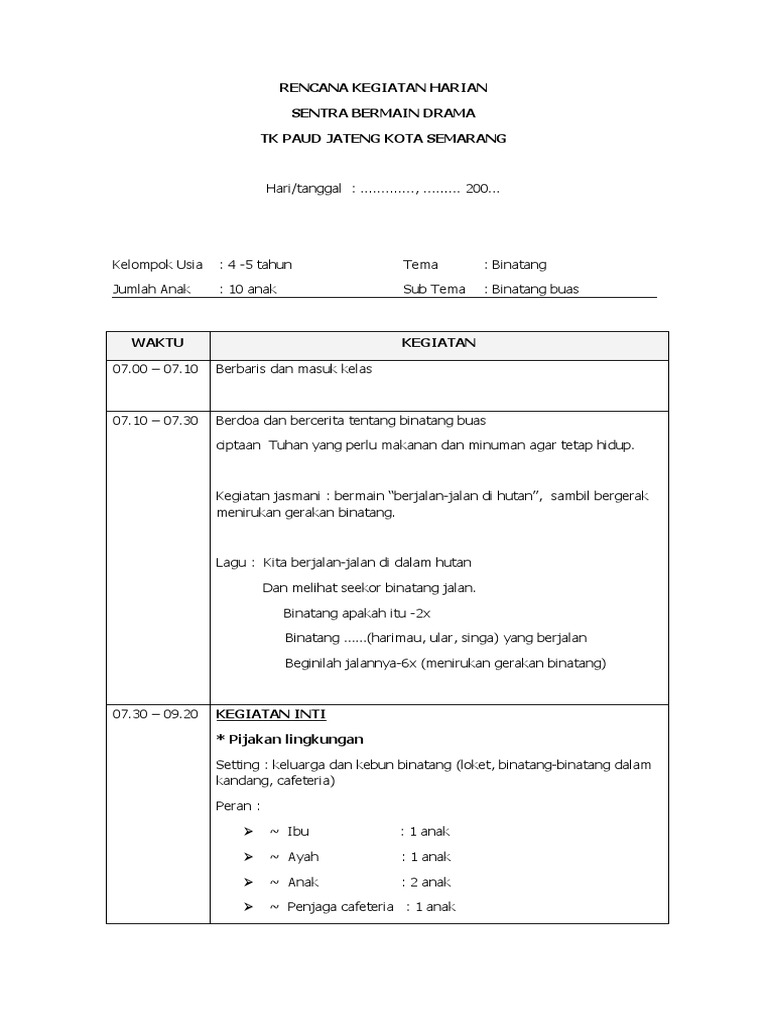 Contoh RKH Sentra Bermain Drama Paud | PDF | Seni & Disiplin Bahasa ...