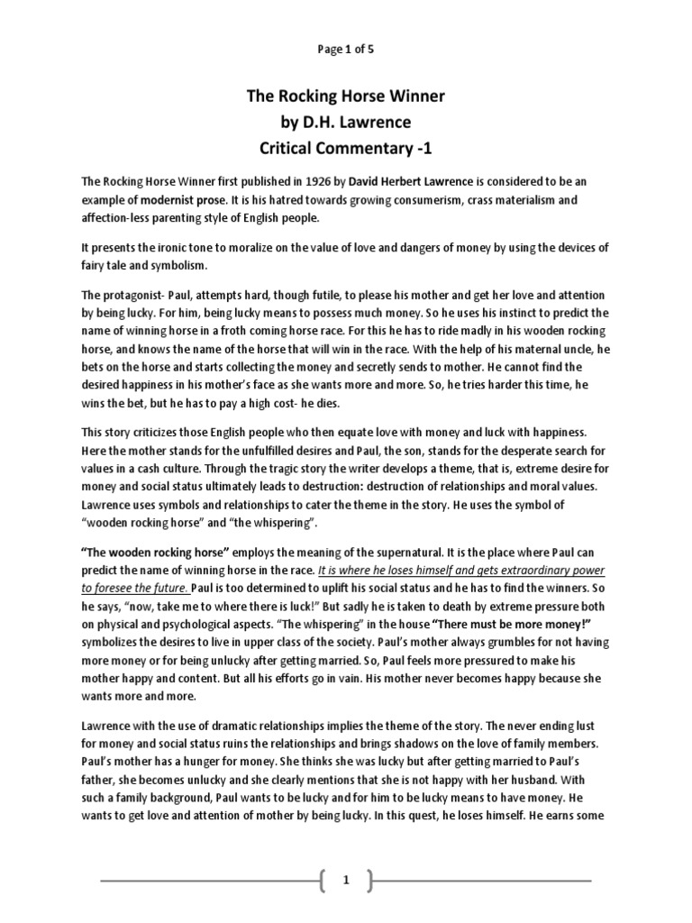 The Rocking Horse Winner - David Herbert Lawrence | PDF | Narrative | Luck