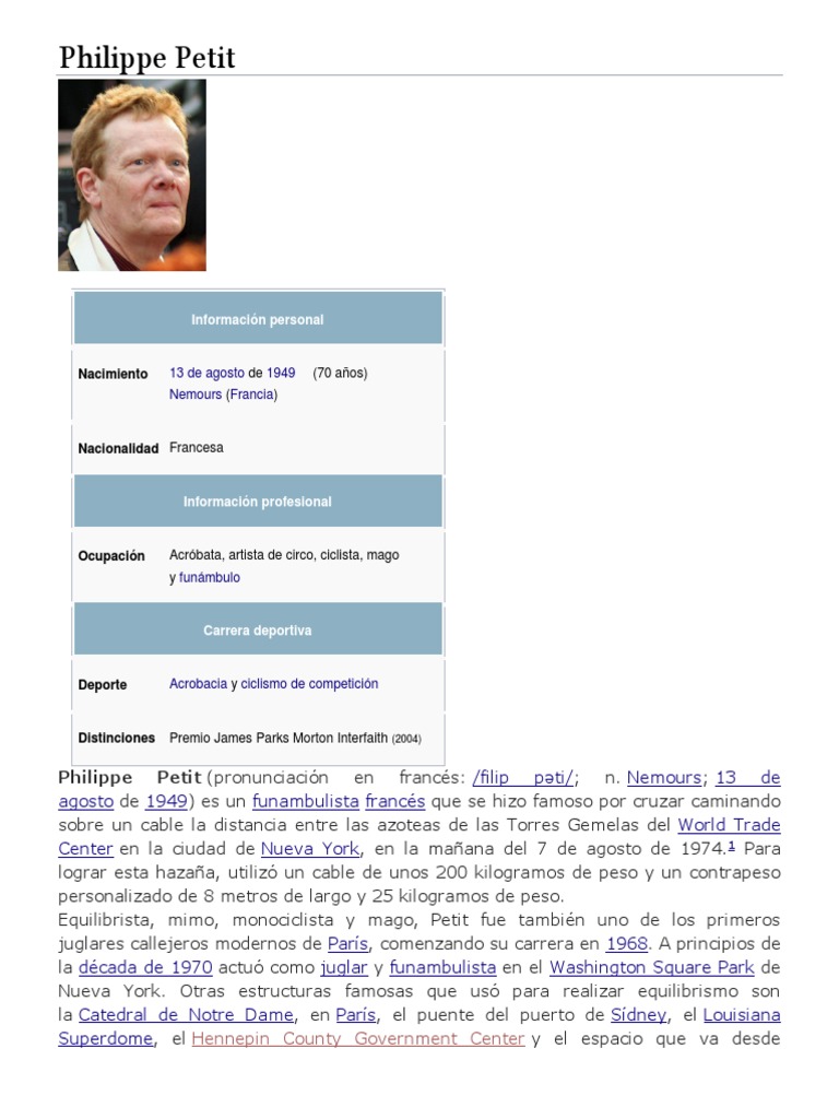 Biografía de Philippe Petit, funambulista | PDF