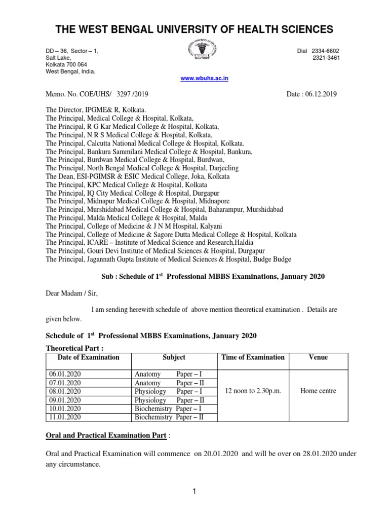 Schedule of MBBS 1st Theoretical ExaminationsJanuary 2020 | PDF ...