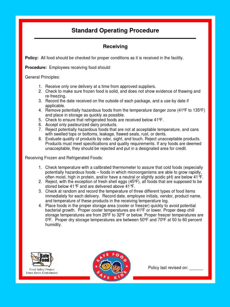 Standard Receiving Procedures | PDF | Shelf Life | Foods