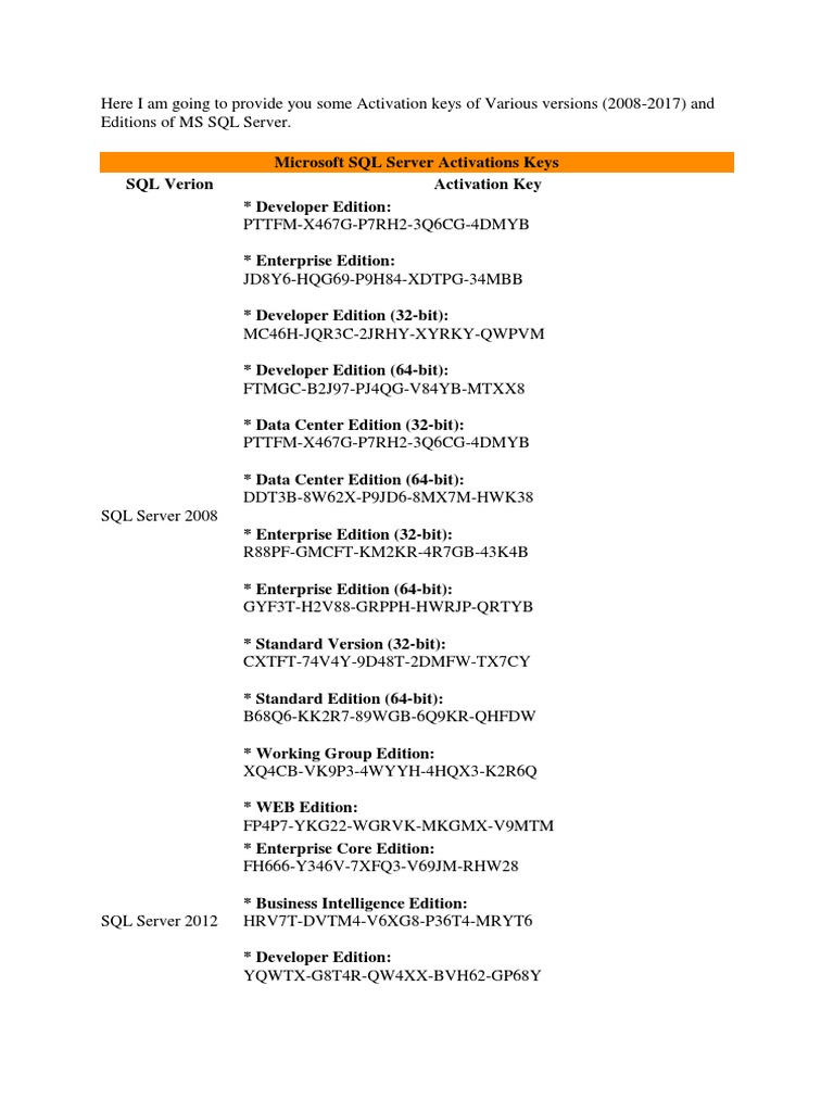 MS SQL Server Serial Keys | Download Free PDF | Microsoft Sql Server ...
