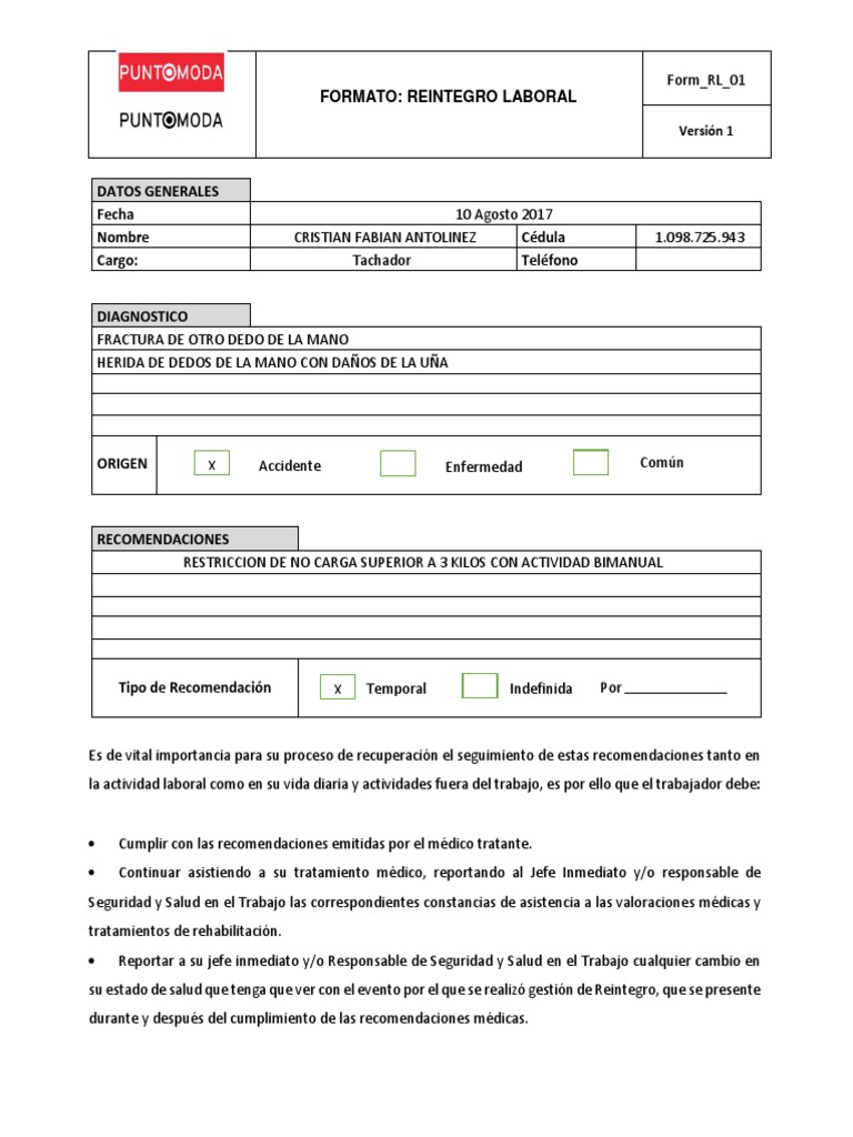 Form_RL_01 Reintegro laboral fractura dedo mano | PDF | Medicina | Medicina CLINICA