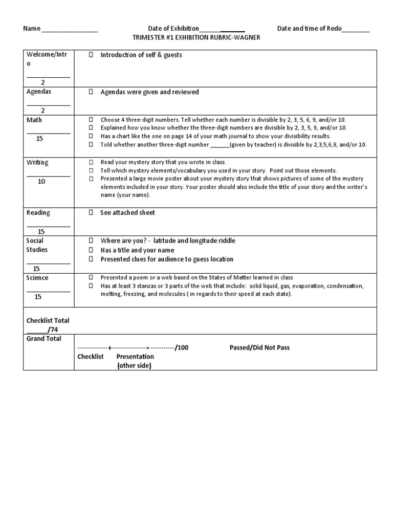 Checklist Total - /74 Grand Total - + - /100 Passed/Did Not Pass ...