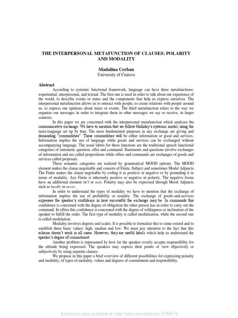 The Interpersonal Metafunction of Clauses: Polarity and Modality | PDF ...