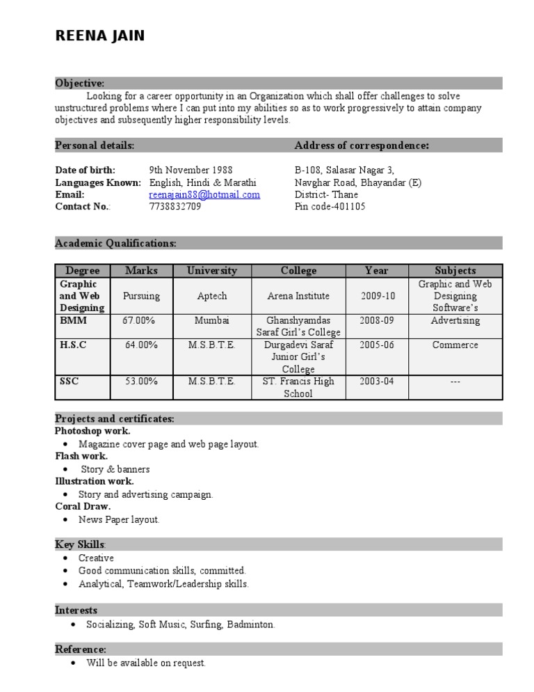 Reena Jain - Graphic & Web Designer Resume | PDF | Career & Growth | Business