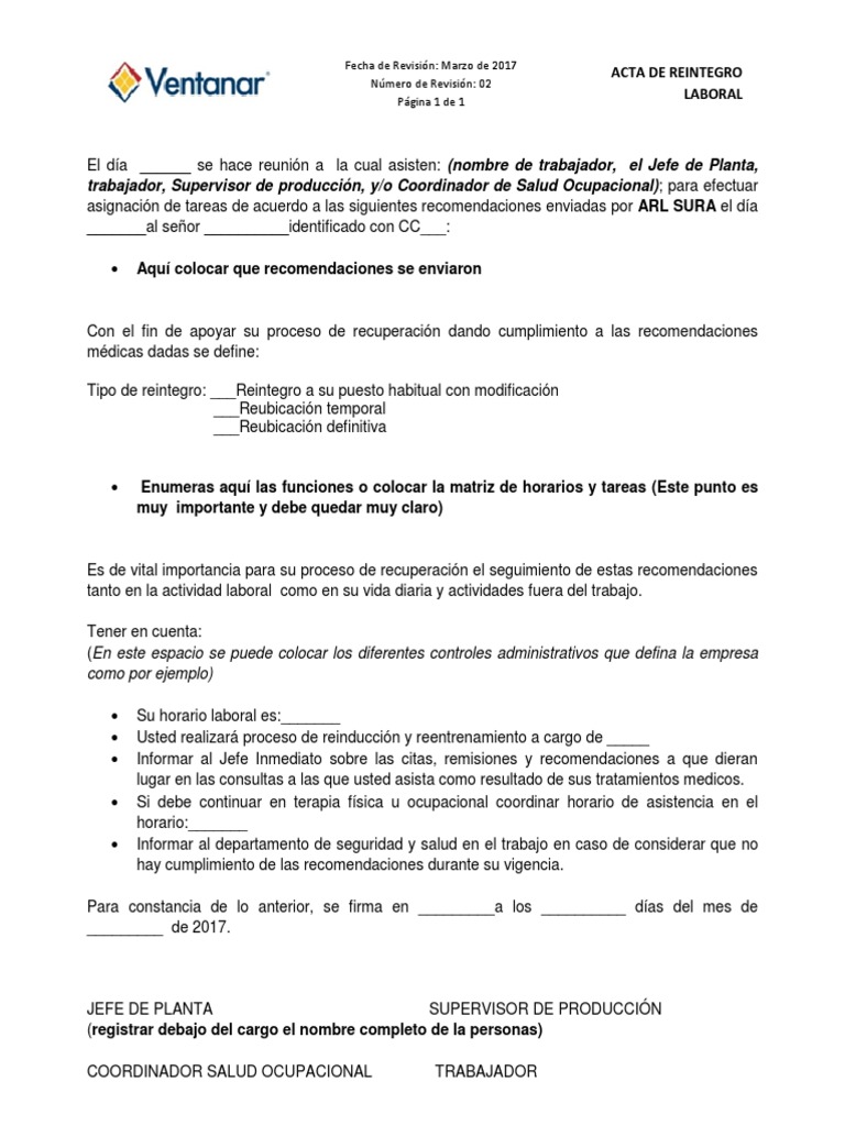 Actualizado 170329 FORMATO ACTA DE REINTEGRO LABORAL | PDF