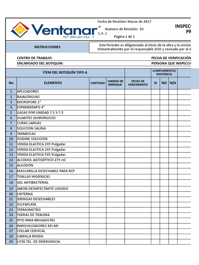 Actualizado 170329 FORMATO INSPECCION DE BOTIQUIN | PDF | Primeros auxilios | Medicina