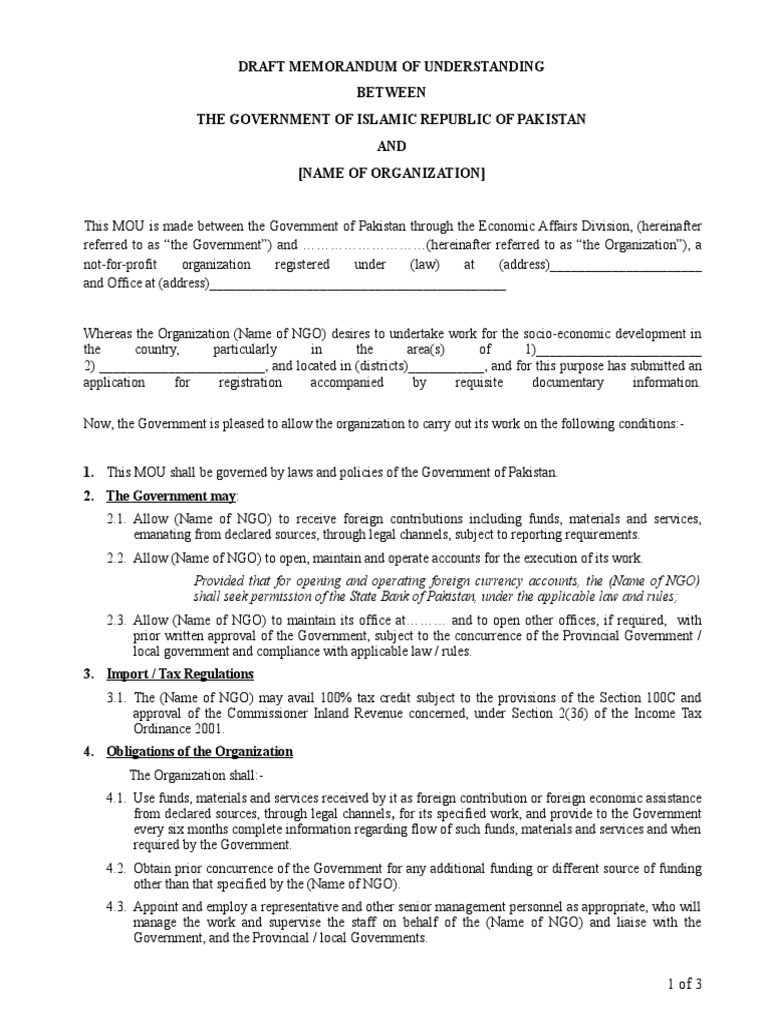 Draft MOU For NGOs 06012016 | PDF | Withholding Tax | Non Governmental ...