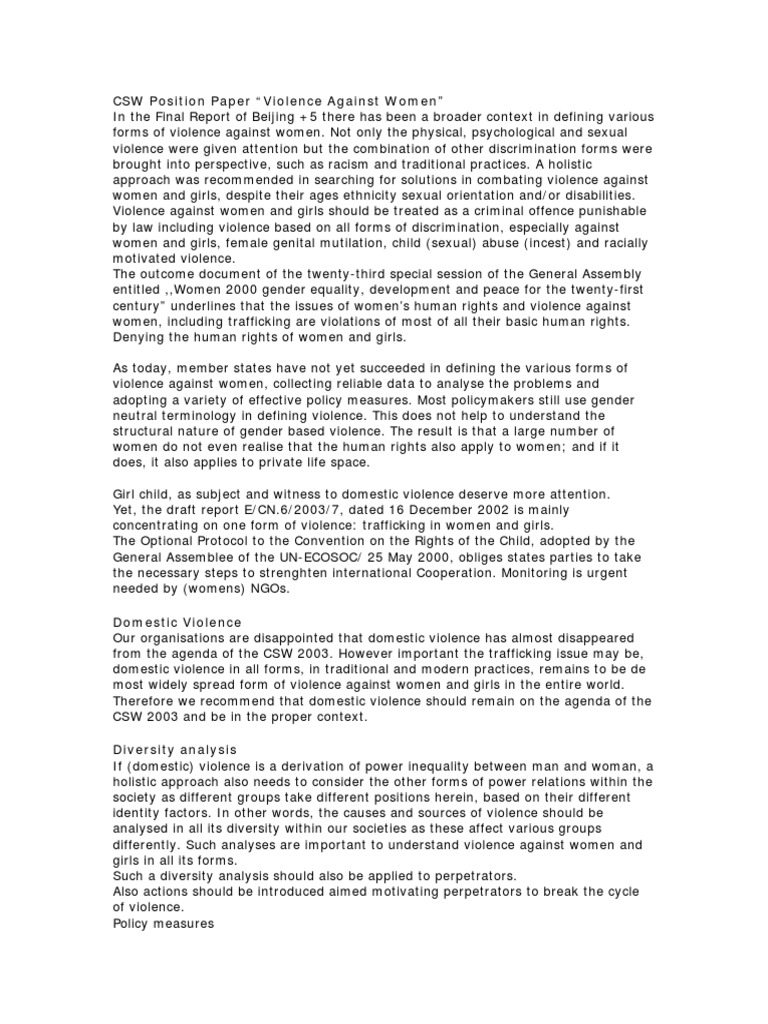 Cws Position Paper Violence Against Women Pdf Pdf Violence