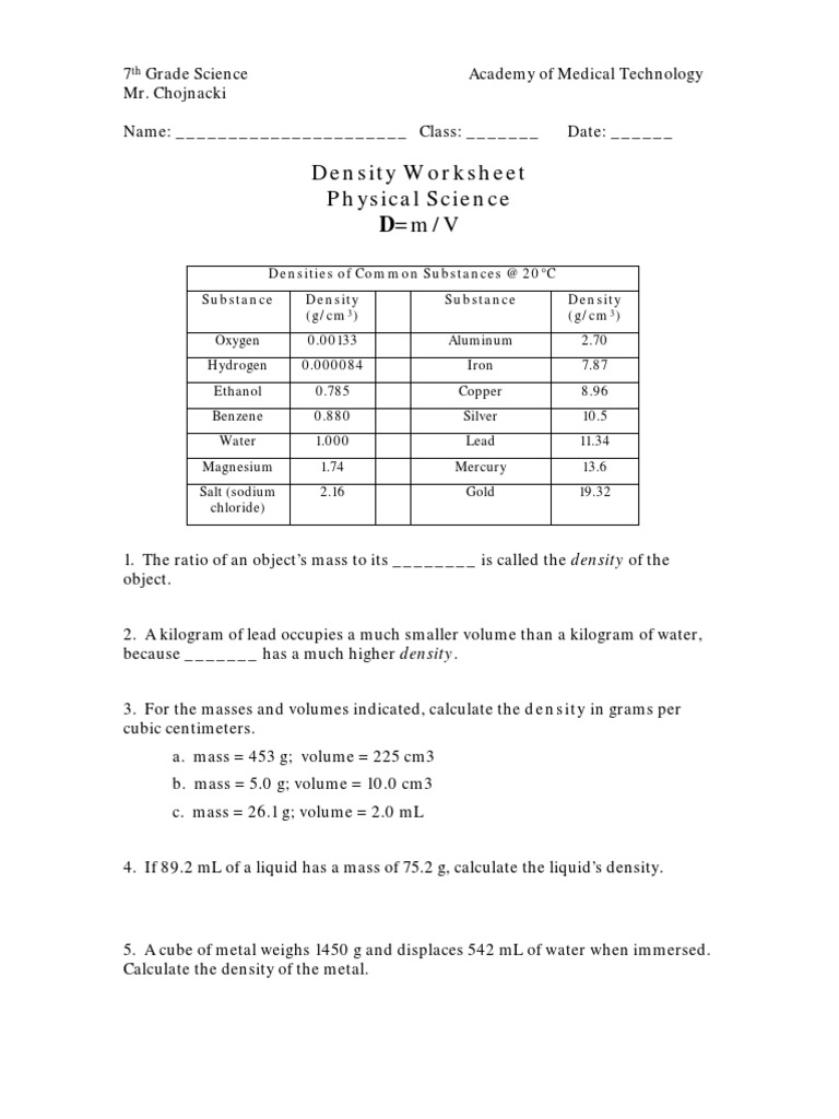 Determining Densities: A 7th Grade Science Worksheet on Calculating ...