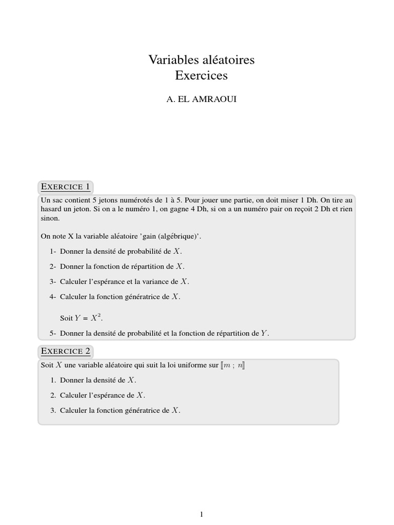 Exercices sur les variables aléatoires | PDF | Variable aléatoire à densité | Espérance mathématique