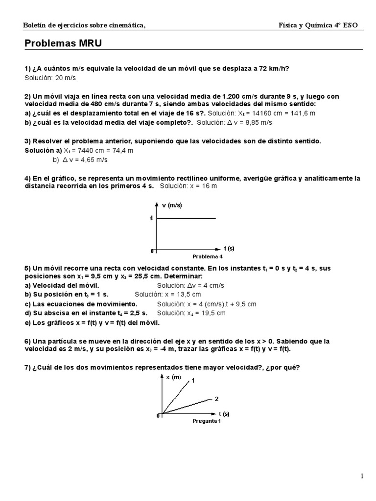 Ejercicios de MRU | PDF | Cinemática | Velocidad