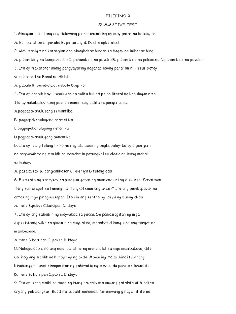 Filipino 9 Summative Test | PDF