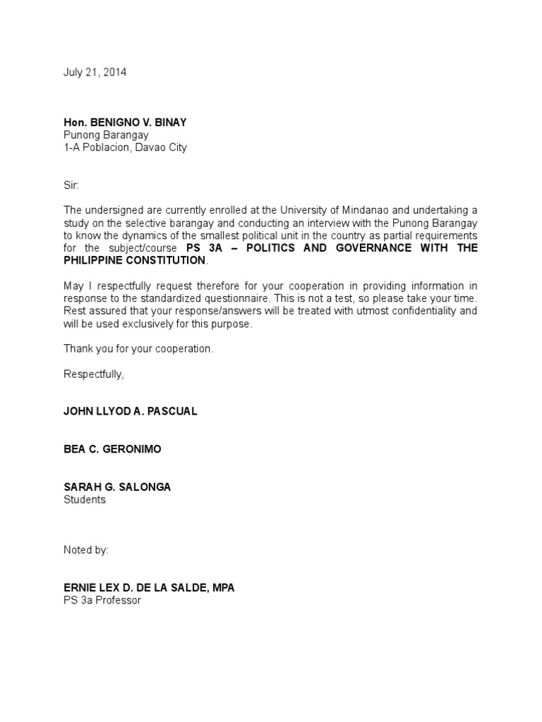 Letter of Permission To The Barangay Captain | PDF