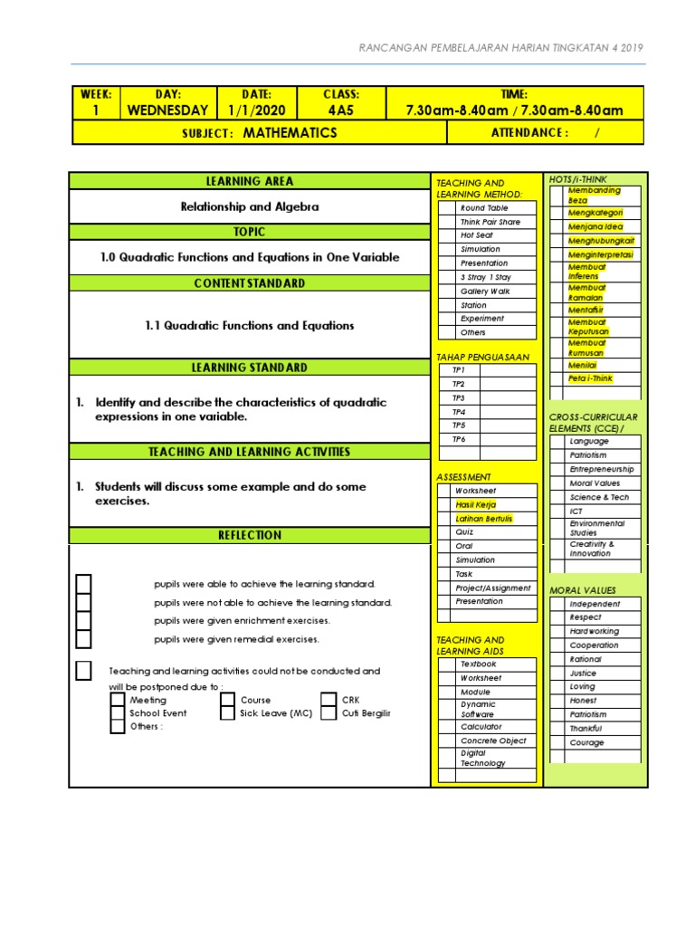 Template RPH Form 4 | PDF | Variable (Mathematics) | Learning