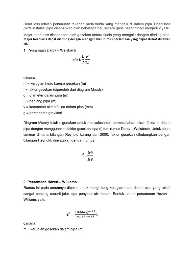 Rumus dan Jenis Head Loss pada Pipa | PDF