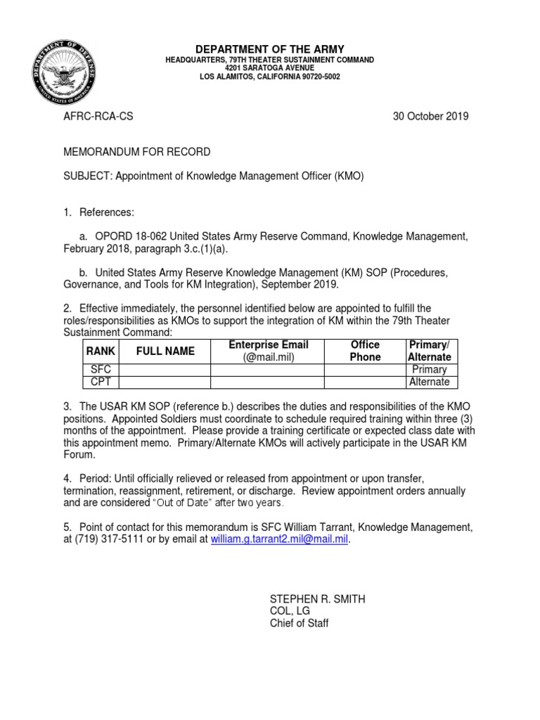 Appointment Memo for Knowledge Management Officer | PDF