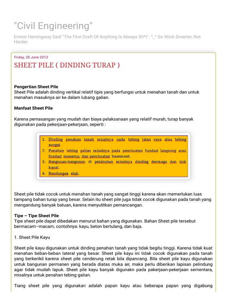 Civil Engineering - Sheet Pile (Dinding Turap) | PDF