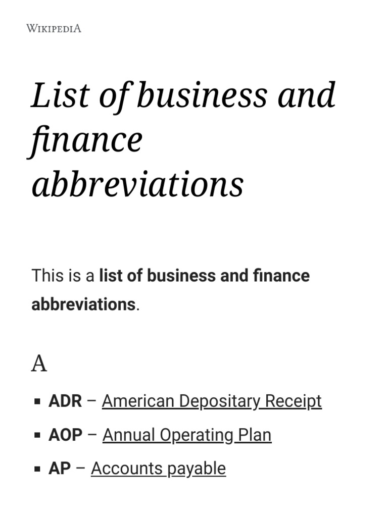 List of Business and Finance Abbreviations - Wikipedia | PDF | Credit ...