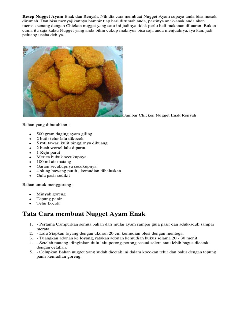 Resep Nugget Ayam Enak Dan Renyah | PDF | Memasak, Makanan, & Anggur ...
