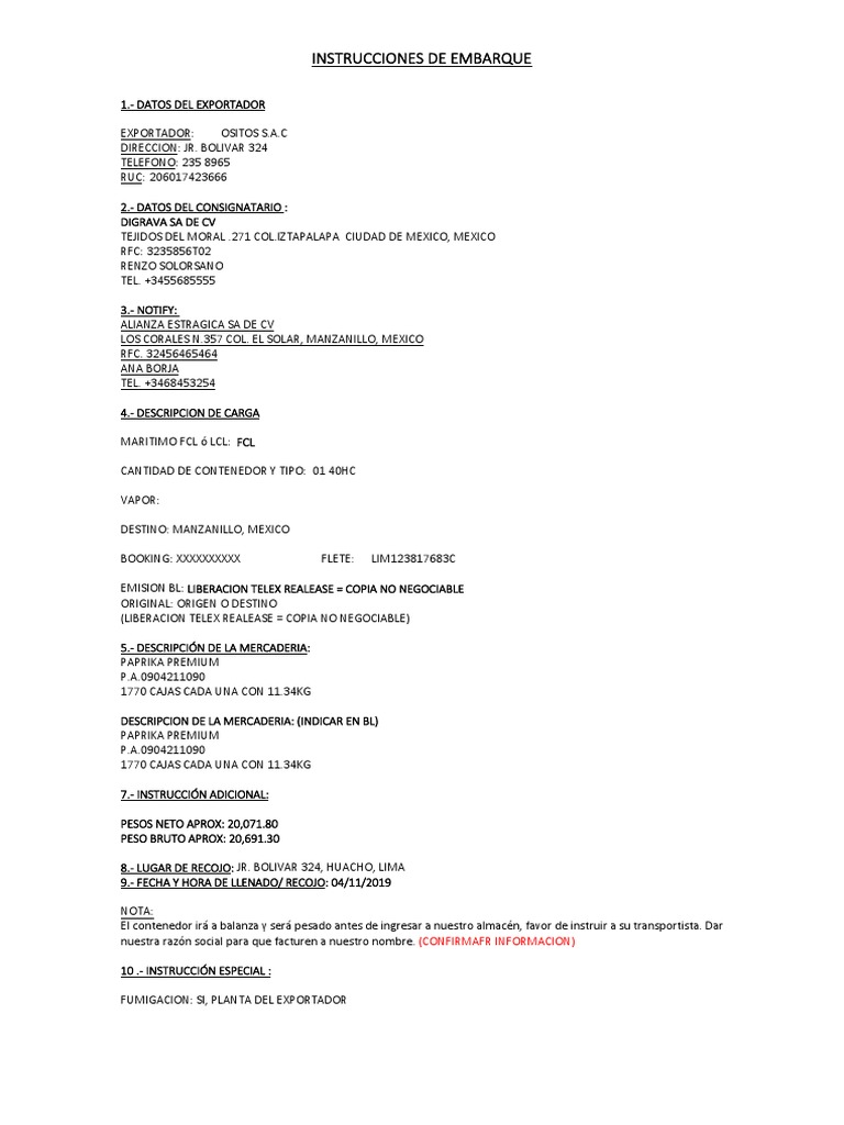 Formato de Instrucciones de Embarque | PDF