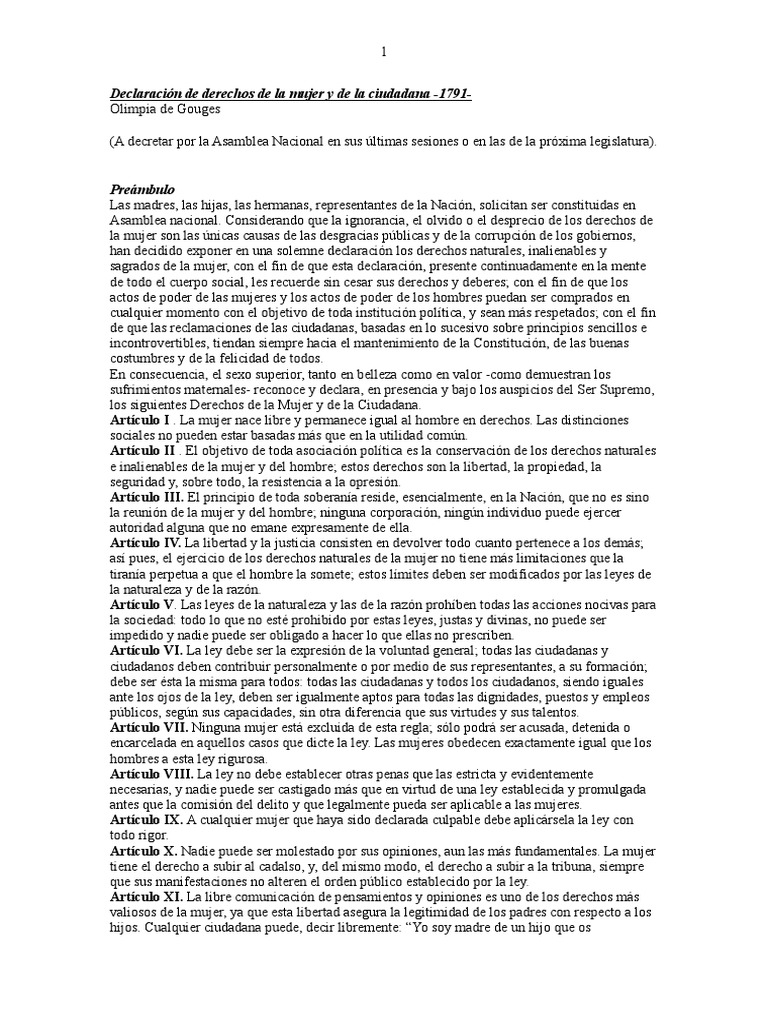 Declaración Derechos Mujer - Olimpia de Gouges | PDF | Mujer | Derechos ...