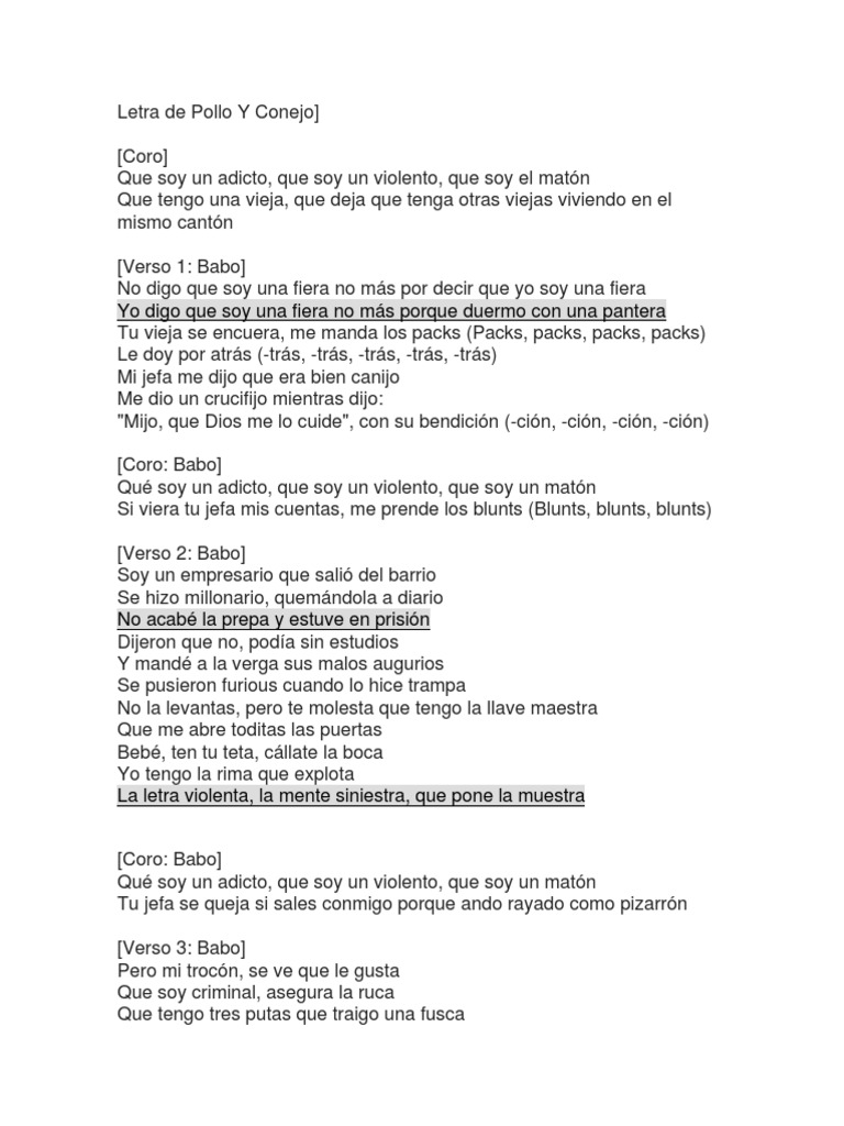 Letra de Pollo Y Conejo PDF | PDF