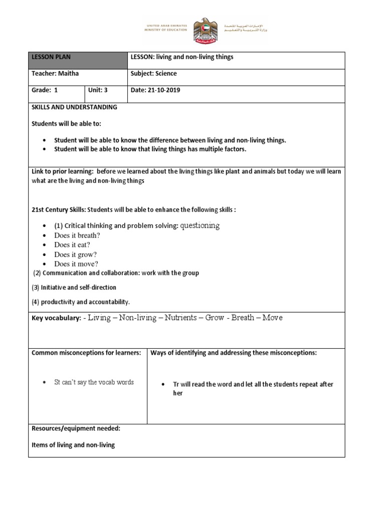 LESSON PLAN 3.2 Living and Non-Living | PDF | Lesson Plan | Applied ...