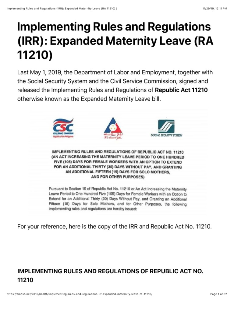 Expanded Maternity Leave - Implementing Rules and Regulations (IRR ...