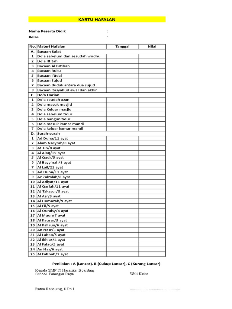 Kartu Hafalan Siswa SMP Sma It Hasanka Sem 2 | PDF