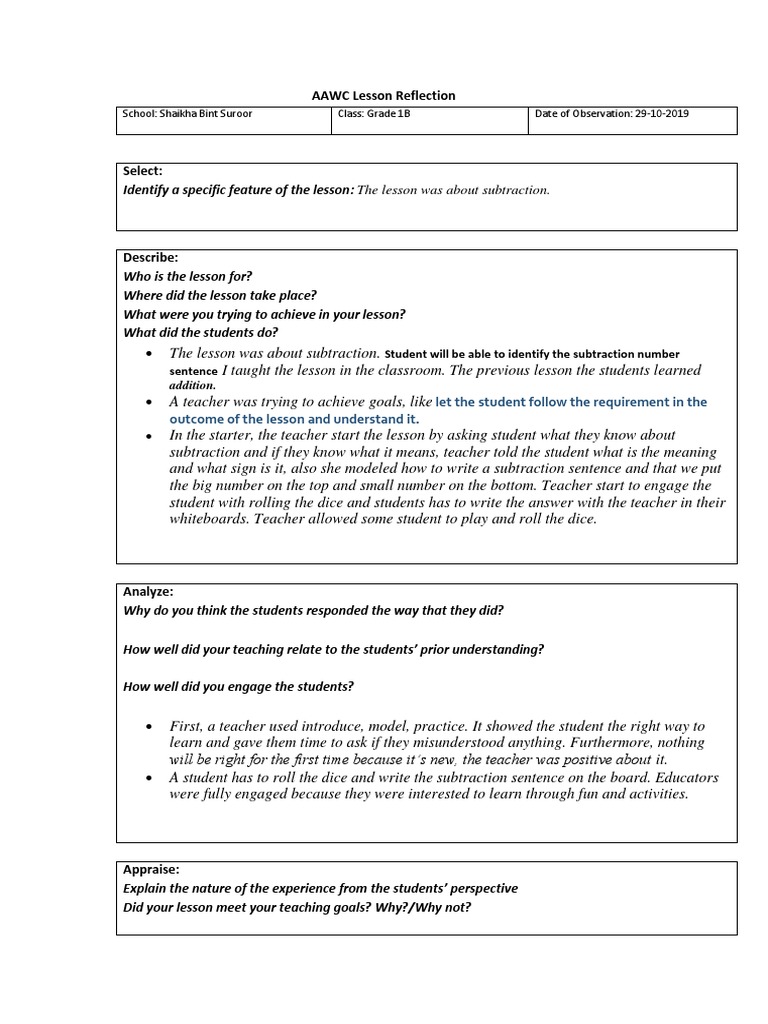 Reflection Subtraction 3.2 | PDF | Teachers | Educational Psychology
