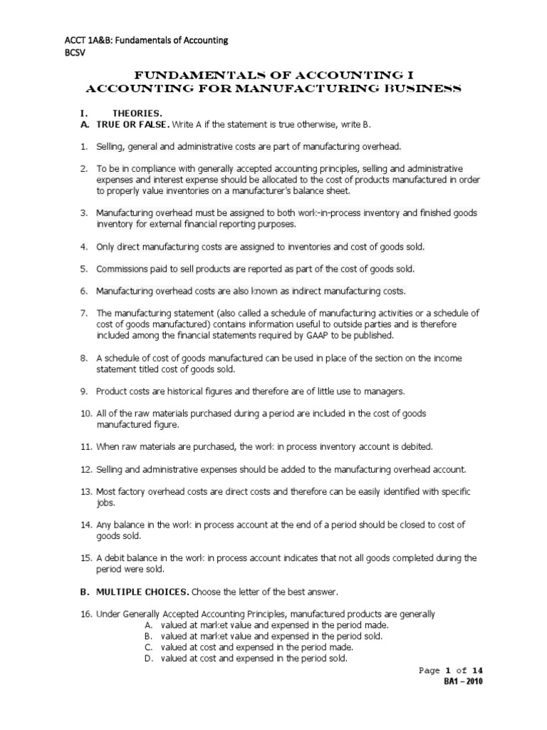 Fundamentals of Accounting I Accounting For Manufacturing Business ...